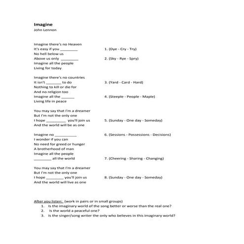 Imagine Lyrics and Activities | PDF