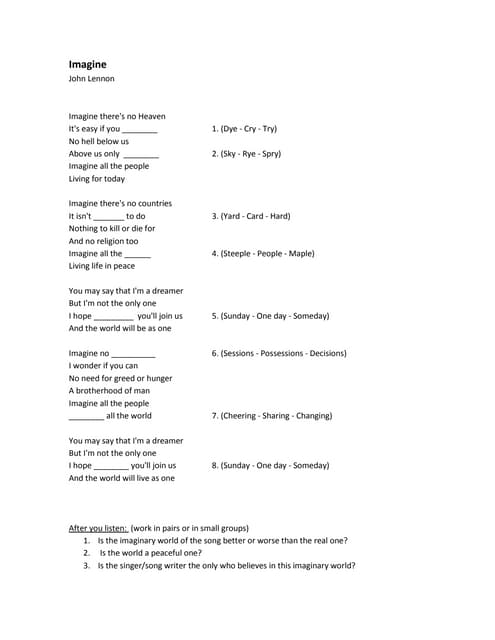 Lesson Plan on Imagine by John Lennon | PPTX | Education