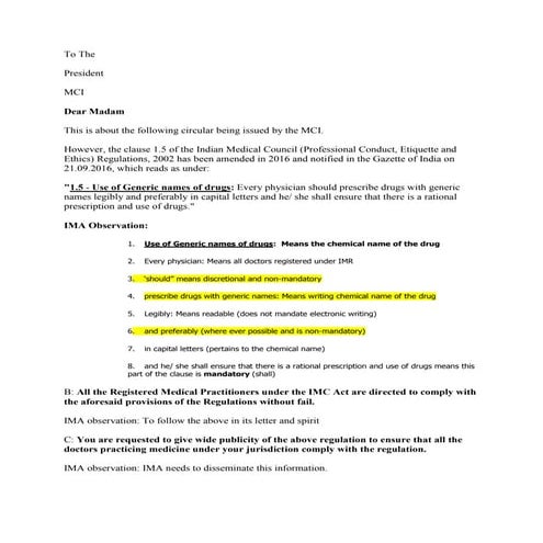 IMA Letter on Prescribing Generics | PDF