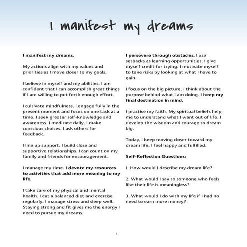 "I manifest my dreams" Free Reflection Affirmation For Success | PDF