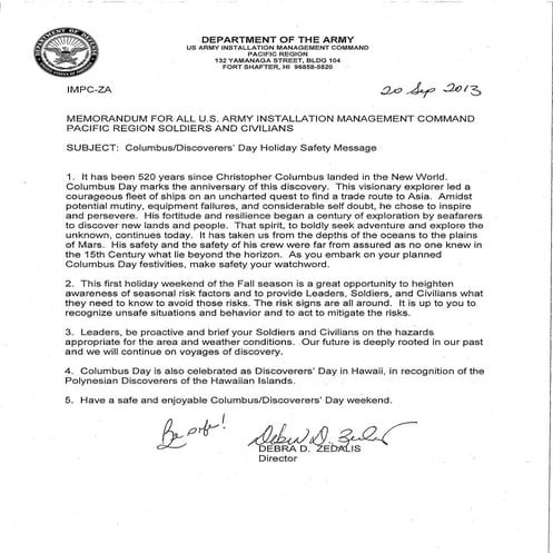 IMCOM Pacific Columbus Day Safety Message 2013 | PDF