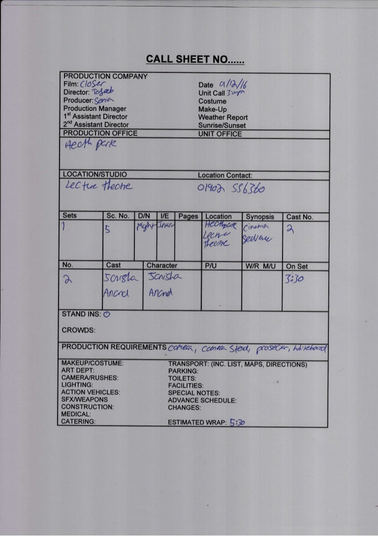 Call sheets for music video