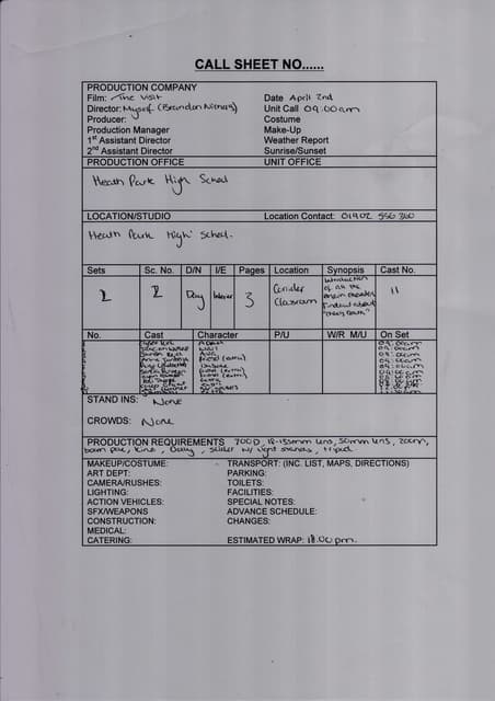 Unit 3 Call sheet | PDF