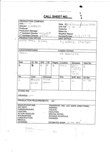 Unit 3 Call sheet | PDF
