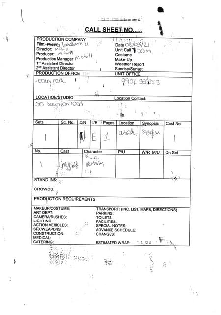 Call sheet | PDF | Video Production | Content Production