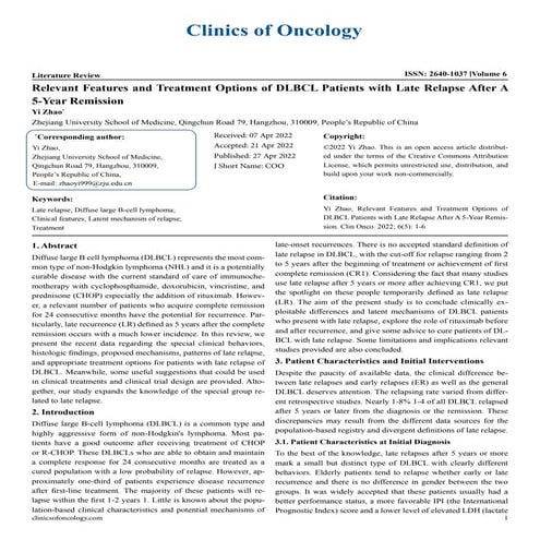 Relevant Features and Treatment Options of DLBCL Patients with Late ...