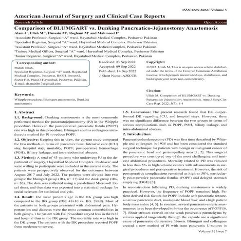 Comparison of BLUMGART vs. Dunking Pancreatico-Jejunostomy Anastomosis ...