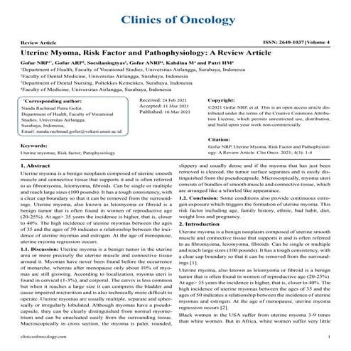 Uterine Myoma, Risk Factor and Pathophysiology: A Review Article | PDF