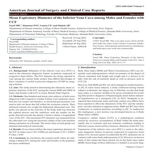 Mean Expiratory Diameter of the Inferior Vena Cava among Males and ...