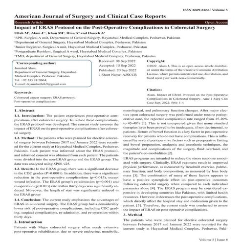 Impact Of Eras Protocol On The Post Operative Complications In Colorectal Surgery Pdf
