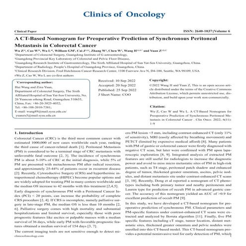 A CT-Based Nomogram for Preoperative Prediction of Synchronous Peritoneal Metastasis in ...