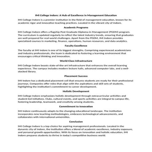 IMI College Indore Article Best Placement | DOCX
