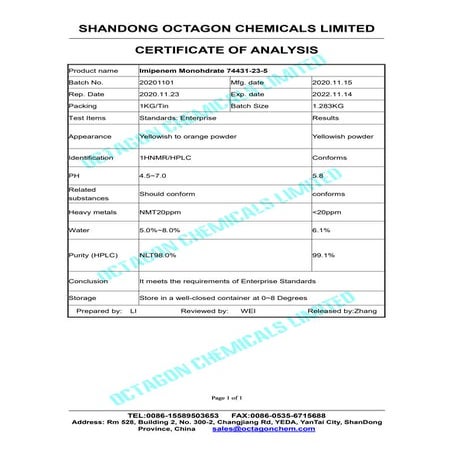 Imipenem monohydrate coa | PDF | Chemistry | Science