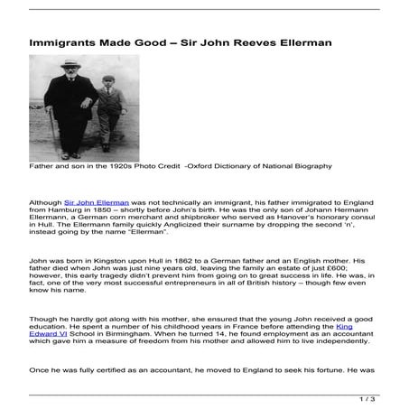 Immigrants Made Good – Sir John Reeves Ellerman | PDF