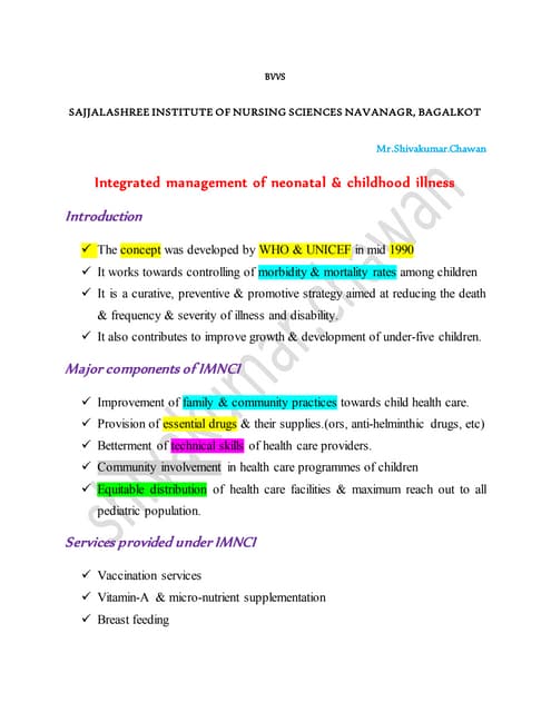 IMNCI (Integrated Management of Neonatal and Childhood Illness) | PDF