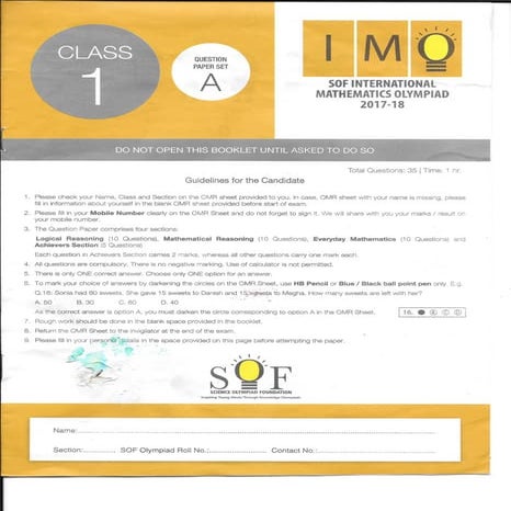 IMO Class 1 Question Paper Set A 2017 | PDF