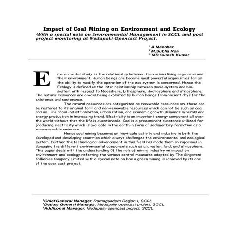 Impact of coal mining on environment and ecology with a special note on ...