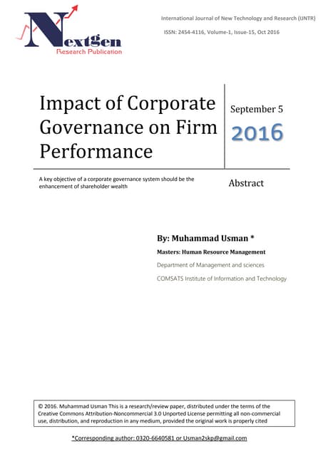 Impact of Corporate Governance on Organizational Performance | PDF