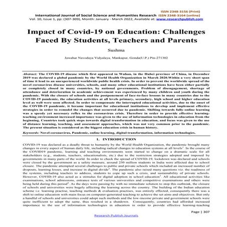Impact of Covid-19 on Education: Challenges Faced By Students, Teachers ...