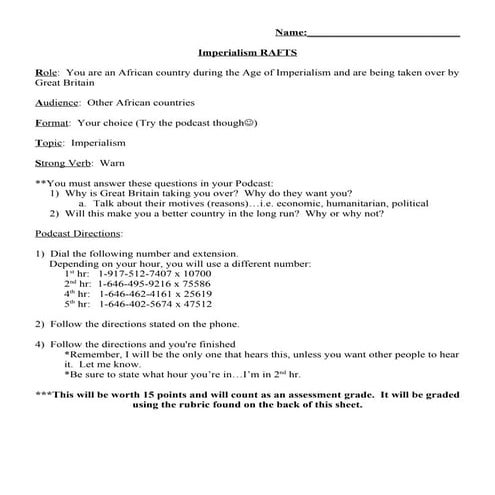Imperialism Rafts Writing Assignment | DOC