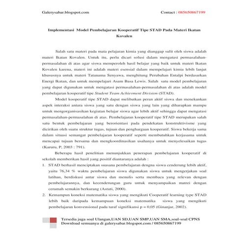 Implementasi Model Pembelajaran Kooperatif Tipe Stad Pada Mate | PDF