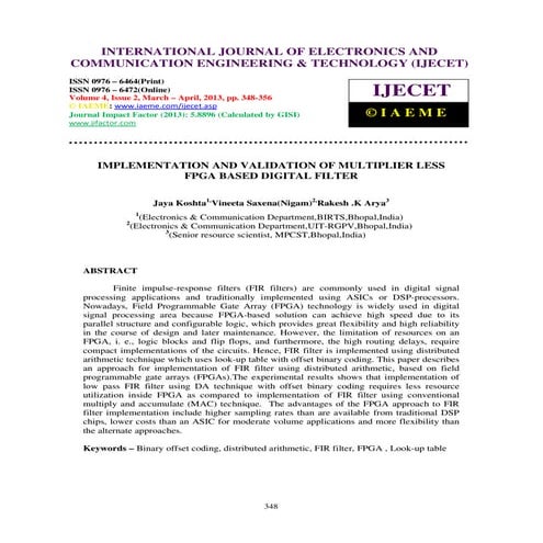 Implementation And Validation Of Multiplier Less Fpga Based Digital Filter Pdf