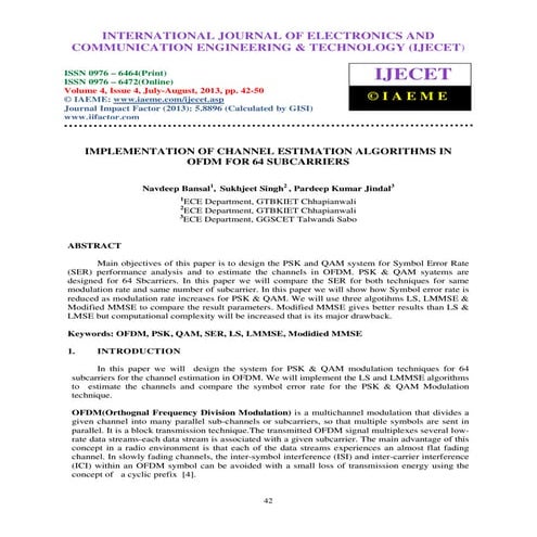 Implementation of channel estimation algorithms in ofdm for 64 subcarriers | PDF | Computer ...