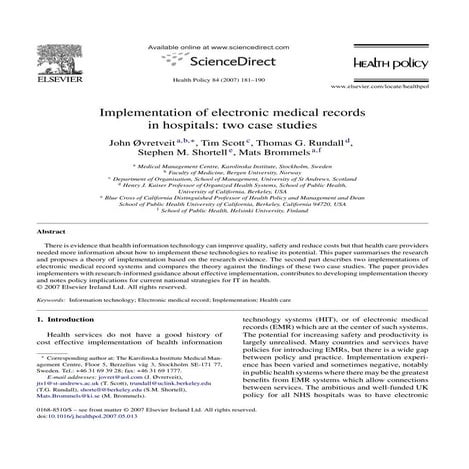 Implementation Of Electronic Medical Records In Hospitals Two Case ...