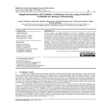 Implementation Of Vehicle Ventilation System Using Node Mcu Esp8266 For Remote Monitoring Pdf