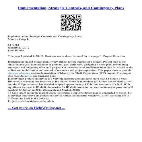 Implementation, Strategic Controls, And Contingency Plans | PDF ...