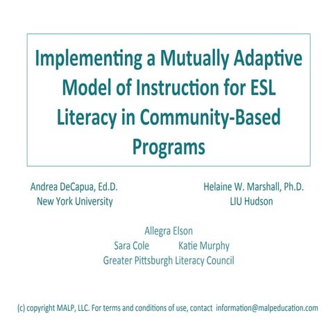 Implementing a Mutually Adaptive Model of Instruction for ESL LIteracy in Community-Based ...