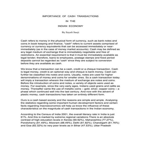 Importance of cash transactions in the indian economy | DOC