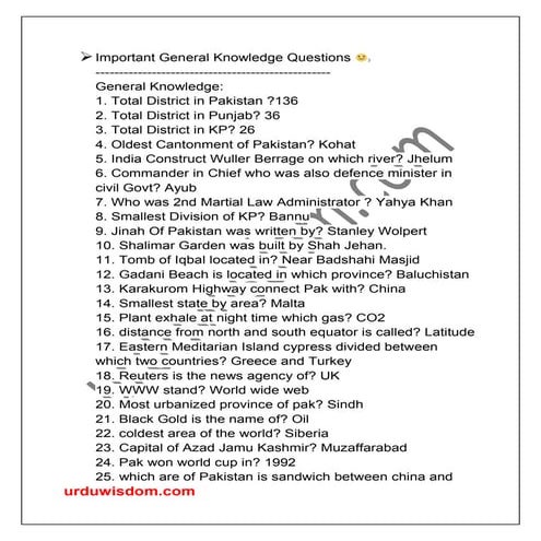 General Knowledge about Pakistan (Repeated MCQs) pdf | PDF