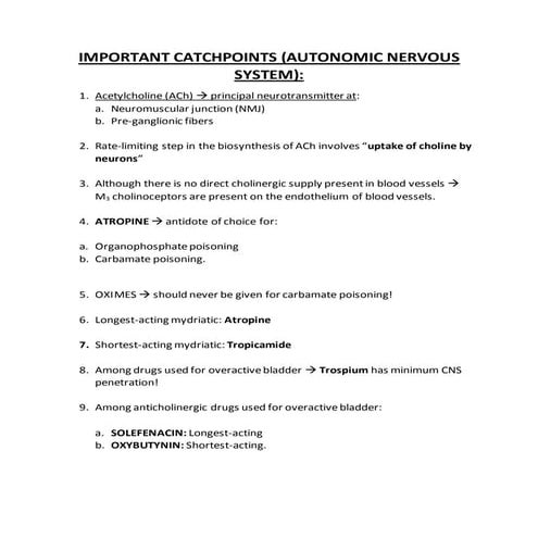 Important catchpoints(autonomic nervous system): By RxVichuZ! | DOCX ...