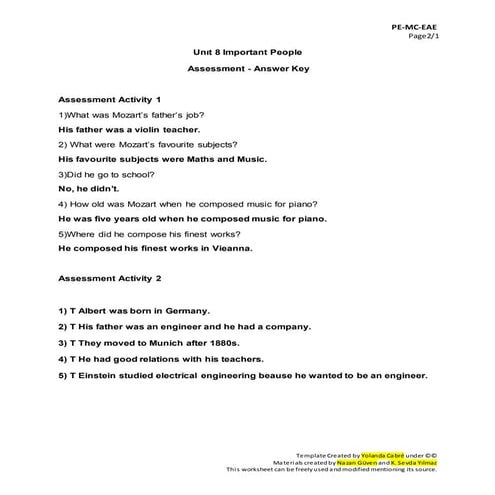 Important people assessment answer key | DOCX