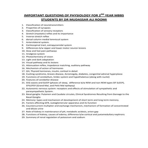 Important physiology questions for 2nd year mbbs students by dr. roomi ...