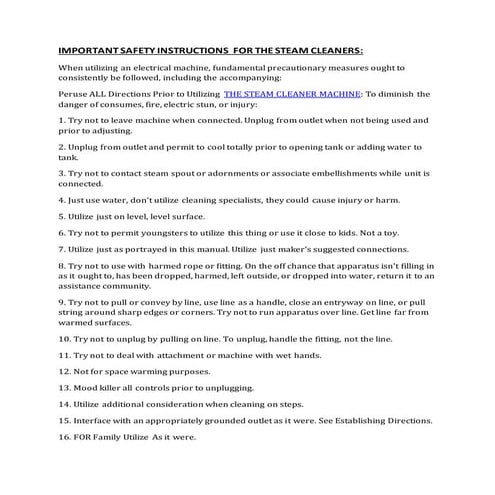 Important safety instructions for the steam cleaners | DOCX