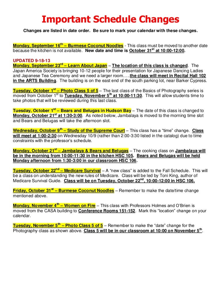 Important Schedule Changes
