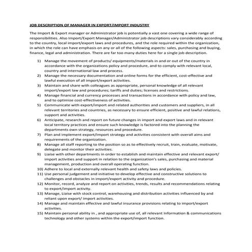 Imports & exports administrator, manager | DOCX