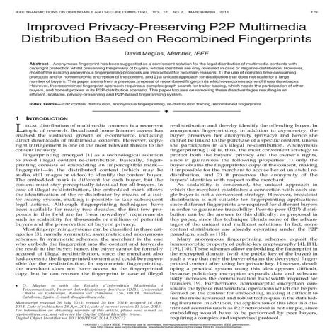 Improved Privacy Preserving P2p Multimedia Distribution Based On Recombined Fingerprints Pdf