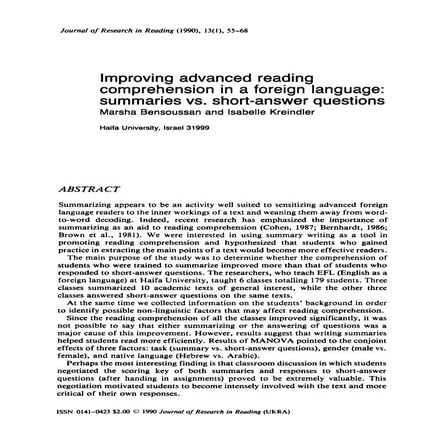 Improving Advanced Reading Comprehension In A Foreign Language ...
