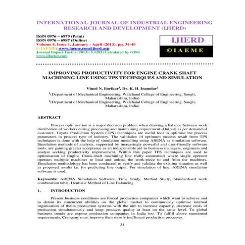 Improving productivity for engine crank shaft machining line using tps ...