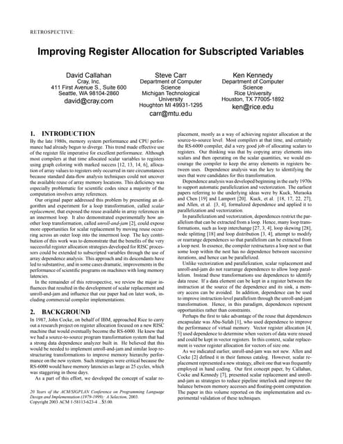Improving Register Allocation For Subscripted Variables Pdf