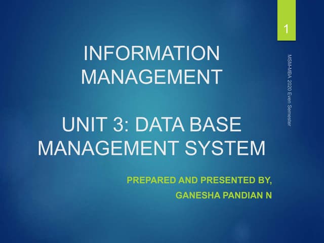 Information Management Unit 3 Database Management Systems Pptx