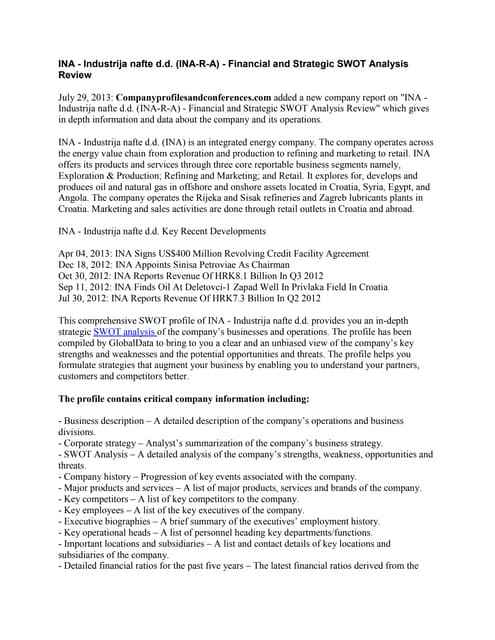 INA (Industrija Nafte) dd Oil and Gas Company Profile - 2016 | PPT