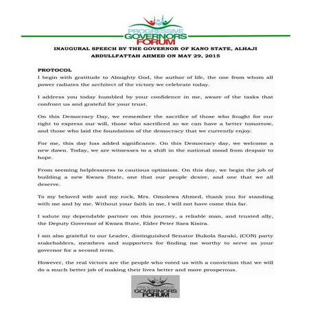 Gov. Abdulfattah Ahmed: Inaugural Speech, Kwara 2015 | PDF