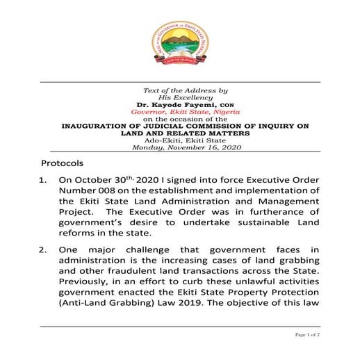 INAUGURATION OF JUDICIAL COMMISSION OF INQUIRY ON LAND AND RELATED ...