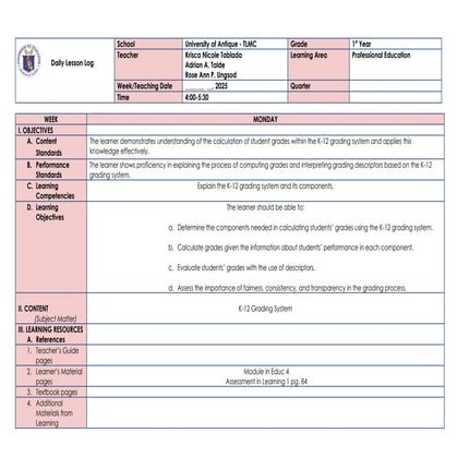 K to 12 example updated lesson plan for High School | DOCX