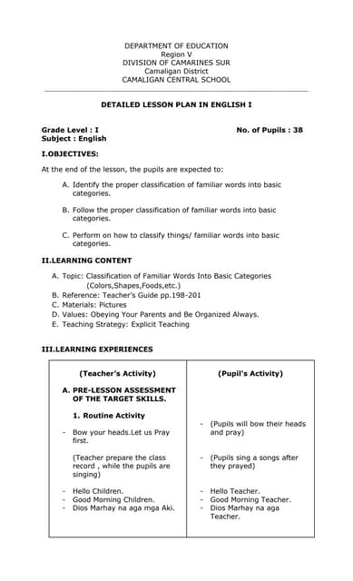 Detailed Lesson Plan in English 2 (Verbs) | DOCX