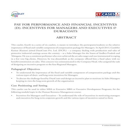 Pay for Performance and Financial Incentives (D): Incentives for ...